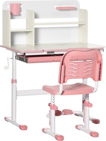 HOMCOM Dětský stůl a židle pro děti 3+ let S nastavitelnou výškou a sklopným stolním povrchem, zásuvkou a knihovnou 80x52x88-109 cm a 35.5x44.5x66-80…