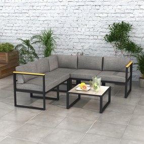 Outsunny Zahradní Lounge se Sofou a Konferenčním Stolkem, 6-Dílná Souprava z Hliníku s Polstrovanými Polštáři, Konferenční Stolek s Dřevěným Efektem,…