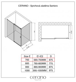 Cerano Santoro, sprchová zástěna 70x195 cm, 6mm šedé sklo, černý profil, CER-CER-424996