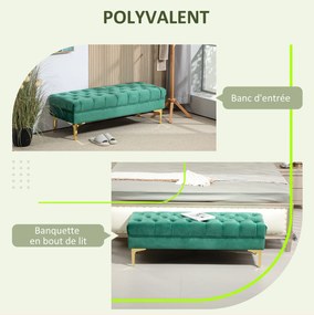 HOMCOM Klasická Chic Léčba Podnožka S Hlavou s Koupelí se Zlatý Skleněné Nohy - Zelený Velvet - 118D x 45Š x 42V cm