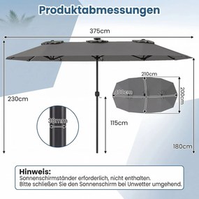 Costway Dvojitý slunečník s LED osvětlením Obdélníkový – 400 × 210 cm, šedá