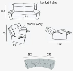 Rohová sedací souprava CONTINENTAL rohová s funkcí relax, elektrické, šedá (tessuto promo ash - l.grey - caribou)