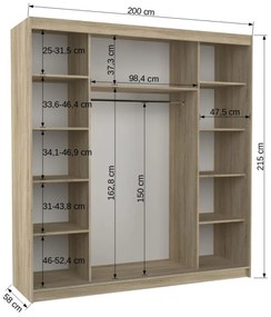 Šatní skříň s posuvnými dveřmi Spectra - 200 cm Barva: dub Sonoma