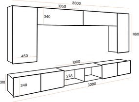 GAB Obývací stěna LORONA 23, Bílá/Zlatý dub 300 cm