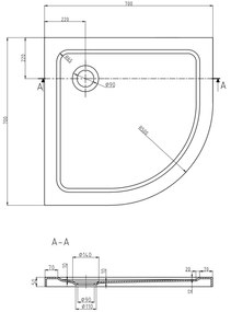 Mexen Flat polokulatá vanička do sprchového koutu slim 70 x 70 cm, Bílá, sifon Černá - 41107070B