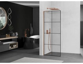 Mexen Kioto L, sprchová zástěna Walk-In 70 x 200 cm, 8mm čiré sklo černý vzor, ​​měděný matný profil, 800-070-103-65-77