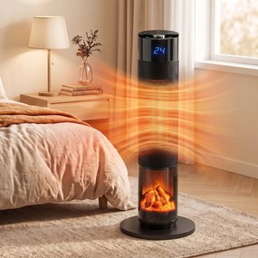 HOMCOM keramický teplovzdušný ventilátor s 3D plamenem, 2000 W, černý