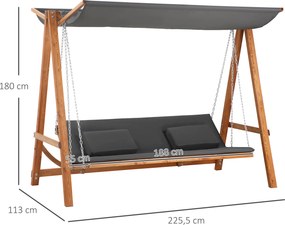 Outsunny Hollywoodská houpačka pro 3 osoby s funkcí lůžka, zahradní houpačka se stříškou, borovicové dřevo v šedé barvě a teak, 225,5x113x180cm