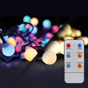 Světelný řetěz solight led 2v1 venkovní vánoční řetěz, koule, dálkový ovladač, 100led, rgb+bílá, 10m+5m, 8 funkcí
