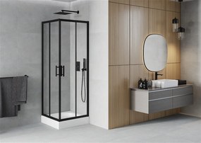 Mexen Rio, čtvercový sprchový kout s posuvnými dveřmi 70 x 70 cm, 5mm čiré sklo, černý profil + bílá vysoká vanička Rio, 860-070-070-70-00-4510