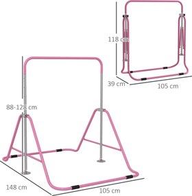 Skládací hrazda HOMCOM pro děti 3-8 let, gymnastická hrazda s 5 nastavitelnými výškami a ocelovou konstrukcí, 154x106,2x88,5-128,5 cm, Růžová