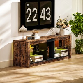 HOMCOM TV nábytek s LED světly a dálkovým ovládáním, otevřené police a přihrádky, 140x35x47 cm, hnědý