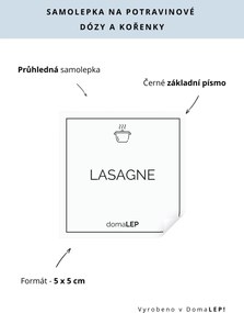 LASAGNE  – průhledná samolepka na dózu, základní písmo, 5 x 5 cm | DomaLEP