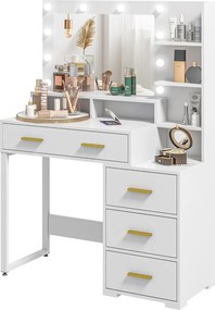 HOMCOM toaletní stolek se zrcadlem a 9 LED světly, 4 zásuvky a 6 otevřených přihrádek, 100 x 40 x 138 cm, bílý