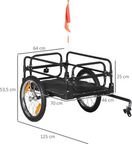 HOMCOM Přívěs na kolo s odnímatelným nákladem 2 kola, odrazky a vlajka, rám s tlumičem 70L kapacita 40 kg zatížení 125x64x53,5 cm Černý