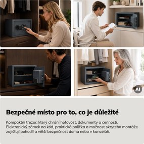 Malý domácí trezor, elektronický zámek na kód, na peníze a dokumenty, 350x250x250 mm: DORIAN