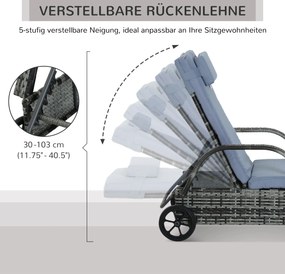 Zahradní nábytek Outsunny zahradní lehátko s poduškou, polyratan a kov, šedé, nastavitelné 200x73x30-103cm pro zahradu a terasu | Aosom.de