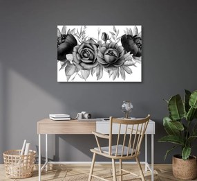 Obraz okouzlující kombinace květů a listů v černobílém provedení - 120x80 cm