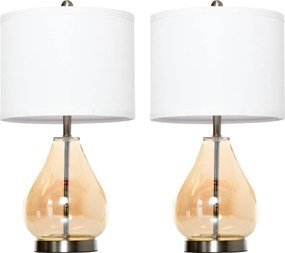 HOMCOM Sada 2 nočních lampiček s paticí E27, 40W, sklo, len, ocel, jantarová barva, Ø30 x 56H cm| Aosom