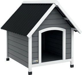 PawHut Psí Bouda 75x88x82 cm – Střední Psí Kotec s Imitací Taškové Střechy, Zvýšeným Základem a Odnímatelnou Podlahou pro Venkovní Použití Šedá | Aoso