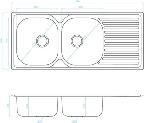 Kuchinox Orion, 2-komorový nerezový dřez s odkapávačem 1160x500x155 mm, hladký dekor, ocelová, LAV-SKO_021T