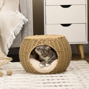 PawHut Kočka Dům Postel Kočičí Košík Dům v Obřím Střihu z Rattanu s Měkkým Polštářem Ø 40 x 30 cm světle hnědý