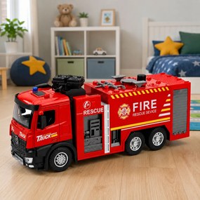 LEAN Toys Hasičské auto s funkcí stříkání vody, kovová kabina, světla, zvuky, měřítko 1:12