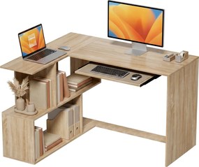 HOMCOM rohový stůl, 120 x 100 x 76 cm, L‑tvar psací stůl s výsuvem na klávesnici, 4 otevřené přihrádky, přírodní