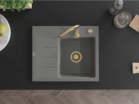 Mexen Ben, 1-komorový granitový dřez 600x500x190 mm, pravý + zlatý sifon, šedá, 6523605000-71-G