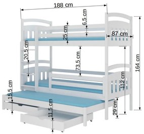 Patrová postel ALDO se třemi postelemi s nebesy Šířka: 97, Délka: 208, Obsahuje matraci: Ne