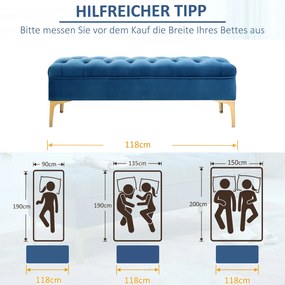 HOMCOM Lavice k posteli lavice na boty sametová modrá 118 x 45 x 42 cm se zvýšenými nohami do ložnice a předsíně | Aosom.de