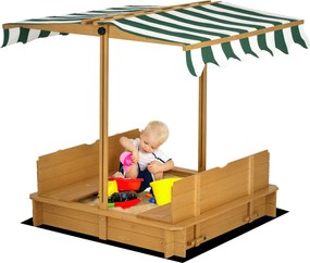 Dětský dřevěný pískoviště Outsunny s nastavitelným slunečníkem, 2 lavičkami a odnímatelnými opěrkami pro zahradu 106x106x115 cm | Aosom