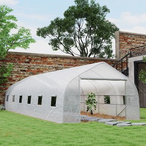 Outsunny Tunelový Skleník 24 m² s PE Krytem a Pozinkovaným Ocelovým Rámem Ø 24 mm 12 Zelených Oken a Rolovacích Dveří 8 x 3 x 2 m Bílá