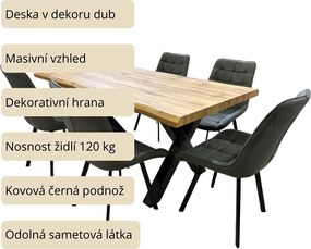 Vikio Jídelní set pro 6 osob 160x90 cm dub, šedá samet VJS116-61S-S