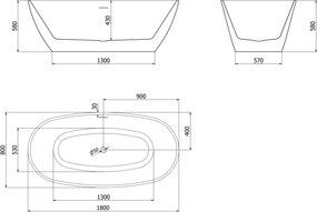 Mexen Eris, volně stojící vana 180 x 80 cm, bílá-černá, zlatý lesklý přepad, 53441808075-50
