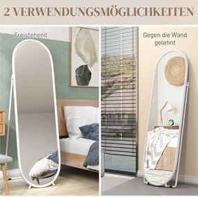 HOMCOM Zrcadlo na celé tělo, 160 x 40 cm Nástěnné zrcadlo se stojanem, Kovový rám, Oválné podlahové zrcadlo do obývacího pokoje, ložnice, Bílá