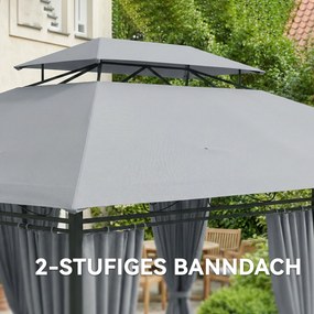 Outsunny zahradní altán 4 x 3 m — voděodolný pevný kovový pavilon s dvojitou střechou a 6 bočními panely, tmavě šedý