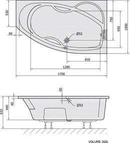 Polysan, MAMBA R asymetrická vana 170x100x44cm, bílá, 77111