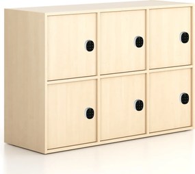 Kancelářská skříň FRAME, nízká, 6x dveře, 1299 x 450 x 881 mm, kódový zámek, bříza