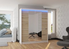Posuvná skříň se zrcadlem a LED osvětlením TRAVES 180 bílá – sonoma