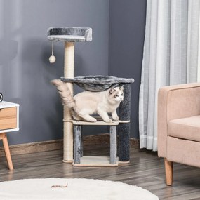 PawHut Kočičí Škrabací Strom 48x34x95 cm Kočičí Věž s Houpací Síťkou, Odnímatelnou Jeskyní, Visící Kuličkou a Sisalovými Sloupky Šedá