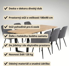 Vikio Jídelní set pro 6 osob 180x90 cm dub noha U šedá židle s područkami VJS168-6S