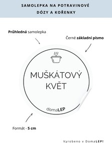 Samolepka na kořenky MUŠKÁTOVÝ KVĚT průhledná 5 cm základní písmo