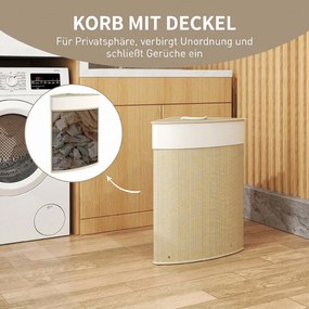 Koš na prádlo HOMCOM z bambusu, 55 l – trojúhelníkový rohový design s odnímatelnou pratelnou vložkou, víkem a madlem, 35 x 60 cm, přírodní