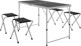 Outsunny 5-dílná kempingová sada skládacího stolu s židlemi, včetně 1 výškově nastavitelného stolu s otvorem na slunečník 120x60x55-70 cm a 4 skládací