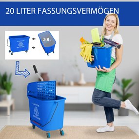 HOMCOM Úklidový vozík mycí kbelík pro domácnost 20 l s odstředivkou a odlučovačem čisté špinavé vody modrý 60L x 27W x 70,5H cm