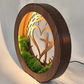 Dřevěná LED lampa Srdce s křížem a mechem | Stmívatelná I SENTOP LED0609