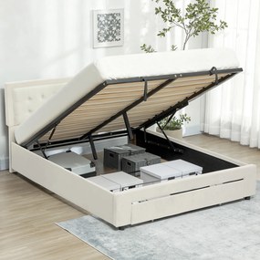 HOMCOM rám manželské postele s plynovým zdvihem pro úložný prostor, zásuvka na kolečkách, nastavitelné čalouněné čelo postele s efektem sametu, krémo…