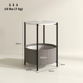 HOMCOM Kulatý Noční Stolík se Zásuvkou a Textilním Košem, Ocelový Konferenční Stolík do Obývacího Pokoje a Ložnice 44 x 56 cm Šedá+Bílá