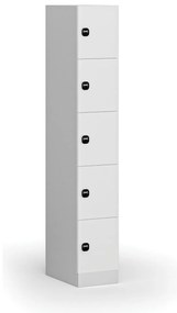 Šatní skříňka S1 s úložnými boxy, 5 boxů, 1850 x 300 x 500 mm, demont, RFID zámek, laminované dveře, bílá